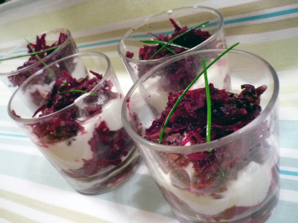 Verrine of beetroot and olives with goat’s curd mousse - French Moments